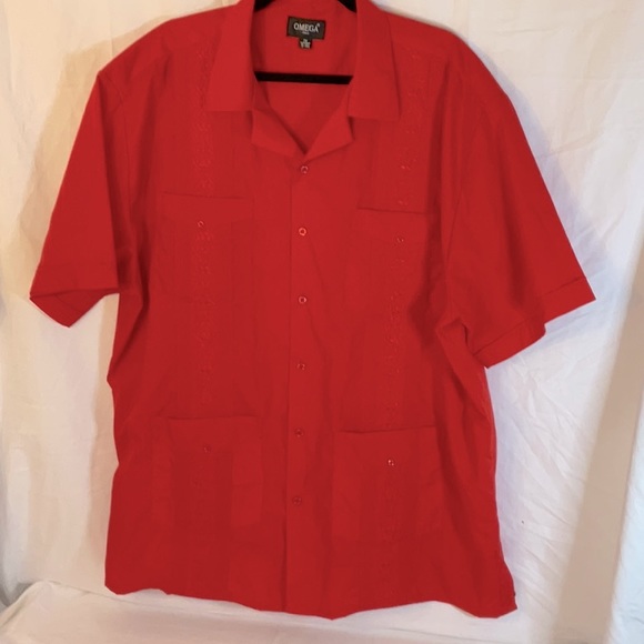 Omega | Shirts | Omega Italia Red Guayabera Short Sleeve Button Down ...